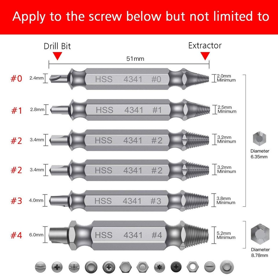 Damaged Screw Extractor Speed Out Drill Bits 6 PCS Tool Set Broken Bolt ...