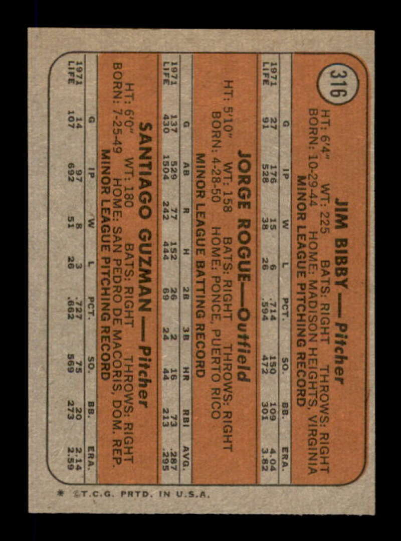 1972 Topps #316 Jim Bibby/Jorge Roque/Santiago Guzman EXMT/EXMT+ RC ...