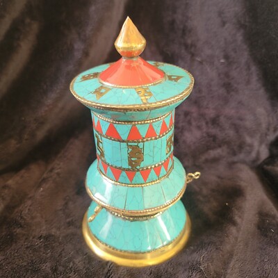 Turquoise Coral Nepal Tibetan Buddhist Spinning Table Prayer Wheel ...