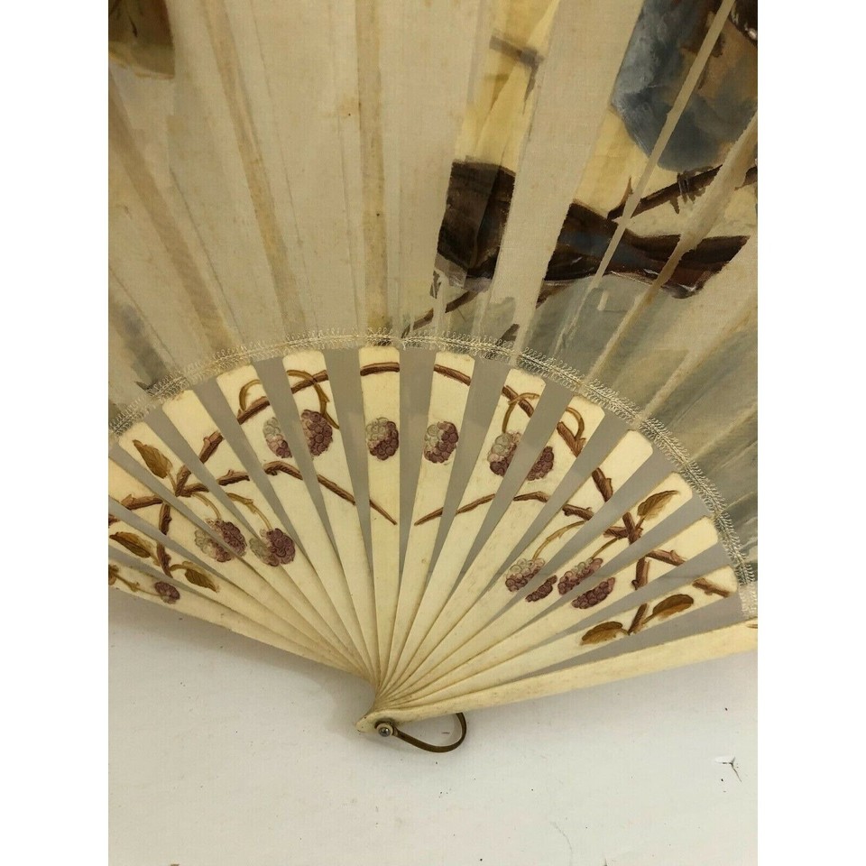 Antique French Fan FRUIT Scene Hand Held Fan Reticulated Carved Bone w ...