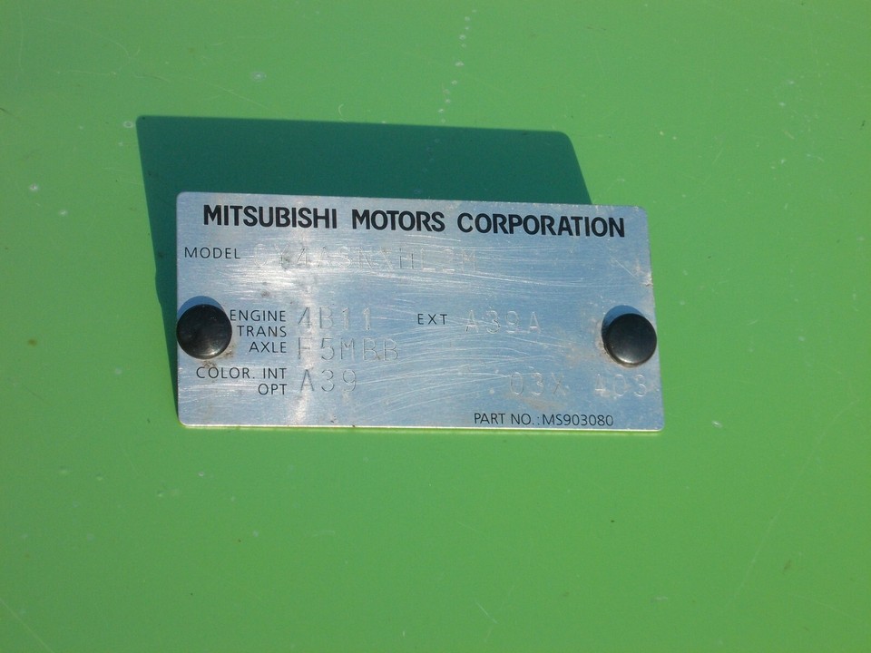 MITSUBISHI LANCER 2008 MOTOR ID TAG GTS MS903080 OEM ENGINE 4B11 TRANS ...