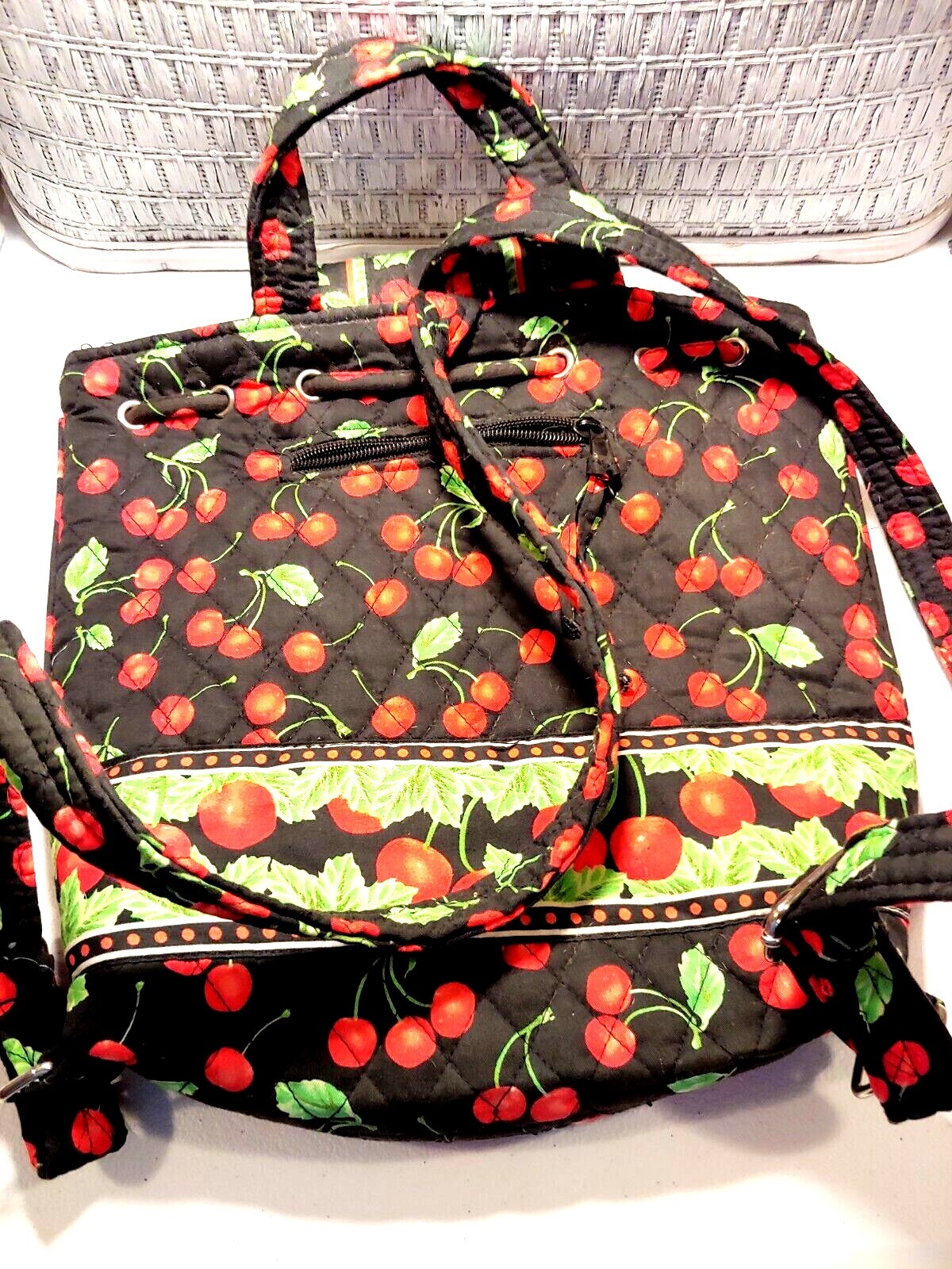 Quilted Cherries Design Backpack, Black And Red - Gem