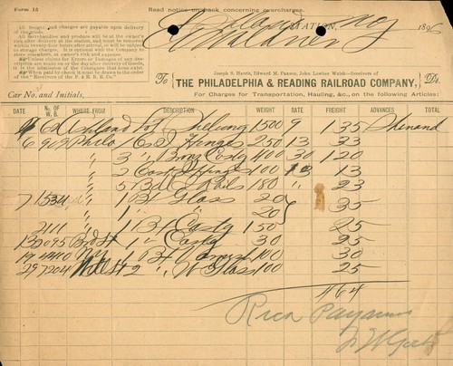 1896 Philadelphia Reading Railroad Freight Charges Invoice NY ...