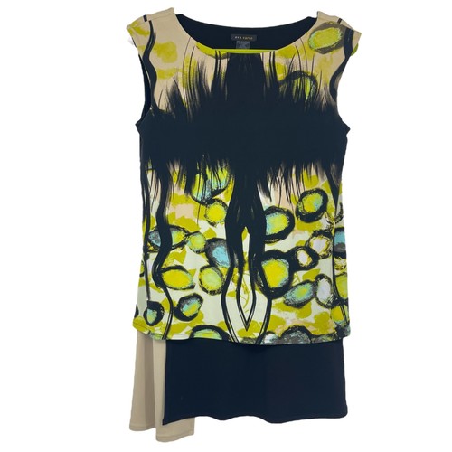 EVA VARRO Yellow Green Tunic Top Tank Abstract Art Layers Stretch ...