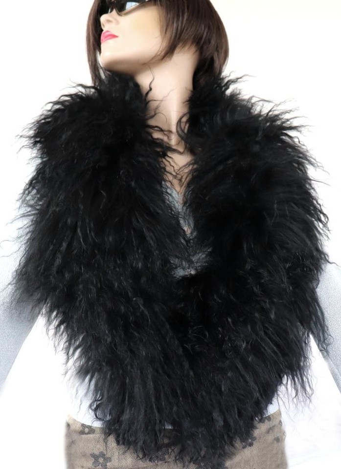 Fur Scarf XXL Tibet Lamb Loop Boa Loop Scarf Stole Lambskin Trim Black | eBay
