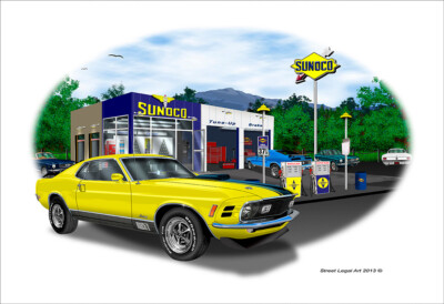 1970 Mustang Mach 1 Sunoco Yellow Black Stripe Art Print, UNFRAMED | eBay