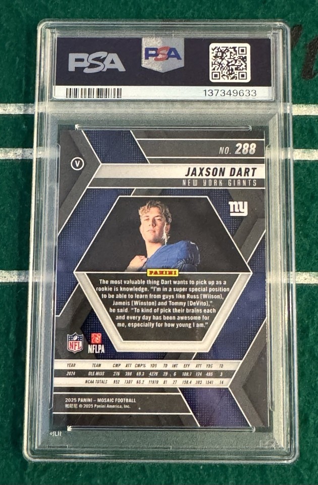 2025 Mosaic Jaxson Dart ROOKIE CARD RC #362 PSA 10 NEW YORK GIANTS Very ...