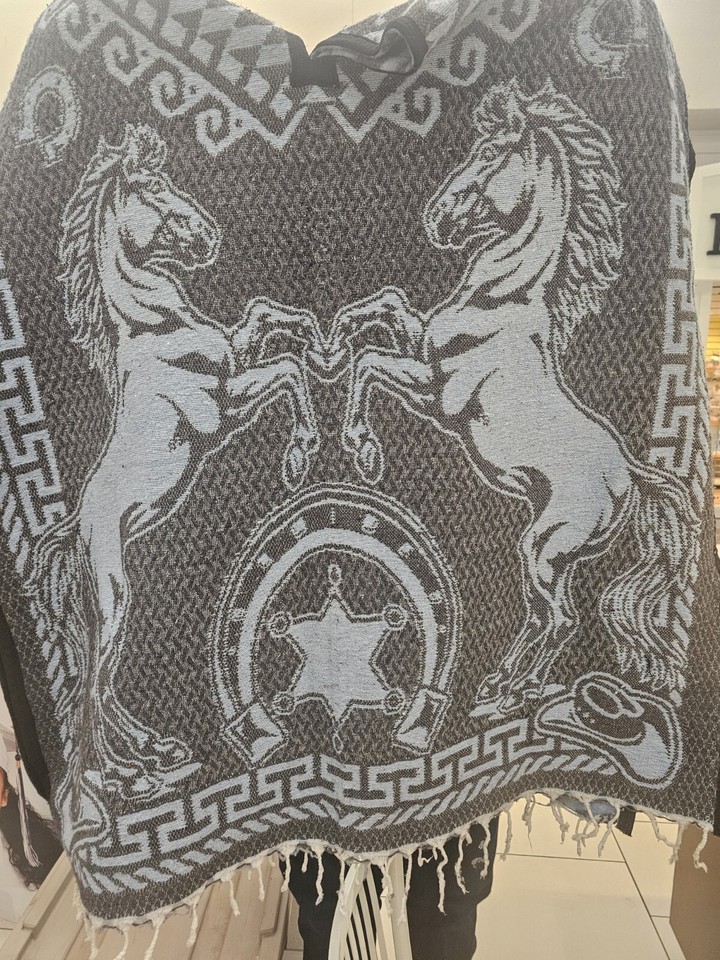 Authentic Mexican Poncho Gaban Unisex Light Blue And Grey with Horse ...