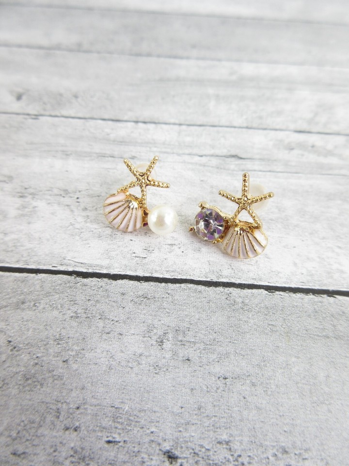 Dainty Seashell Earrings Starfish Rhinestone Pearl Pierced Beach ...