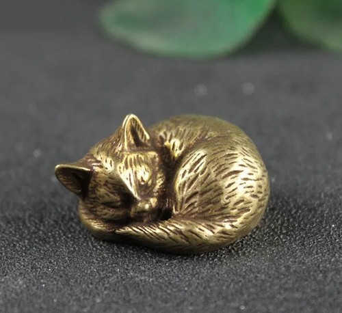 Brass Cat Key Chain Figurine Small Animal Statue Table Home Decoration ...