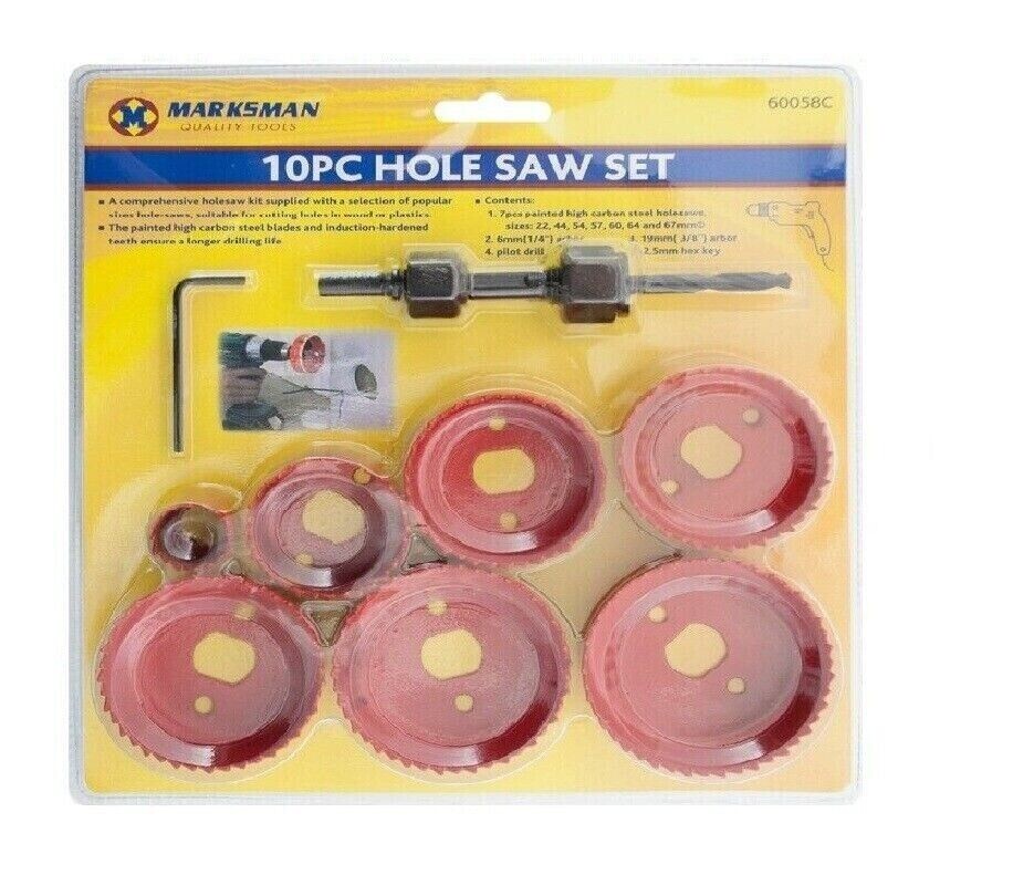 10pc Holesaw Kit Circular Hole Saw Arbor Cutter Drill Cutting Case Kit ...