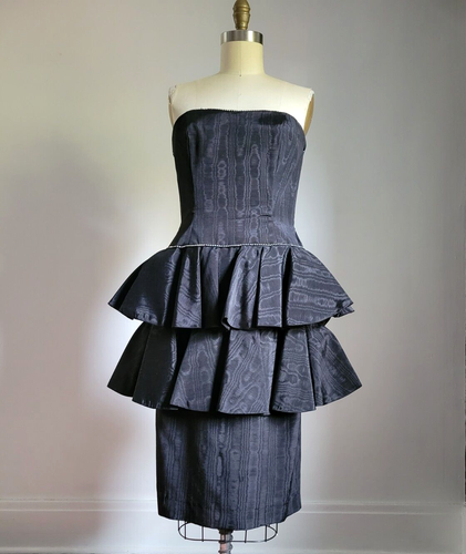 VTG DEADSTOCK A.J.BARI BLACK MOIRE WATER SILK TIERED DRESS w RHINESTONE ...