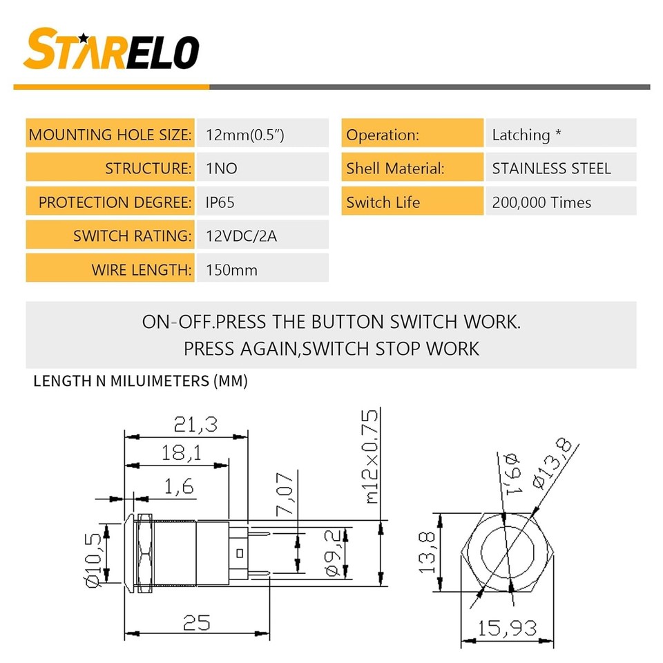 5pcs 12mm Latching Push Button Switch, IP65 Waterproof, Stainless Steel ...