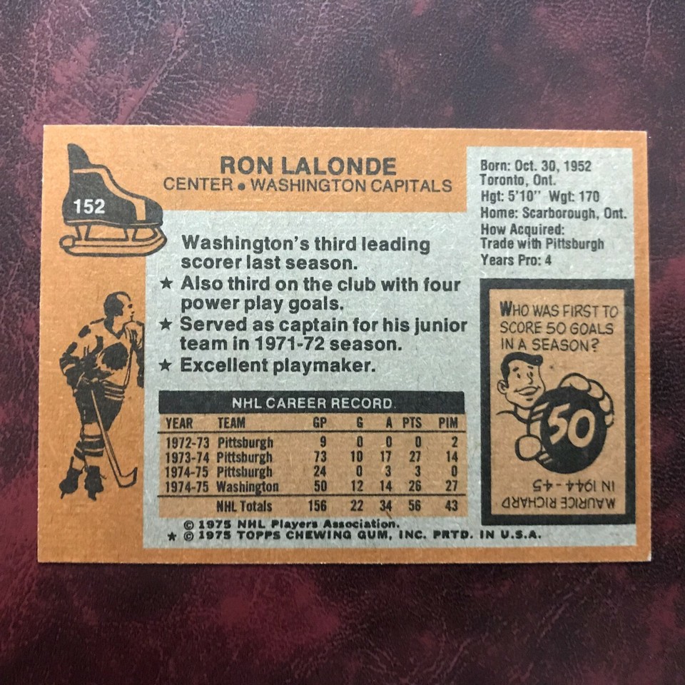1975-76 Topps Set RON LALONDE ROOKIE #152 CAPITALS - NR-MINT *HIGH ...
