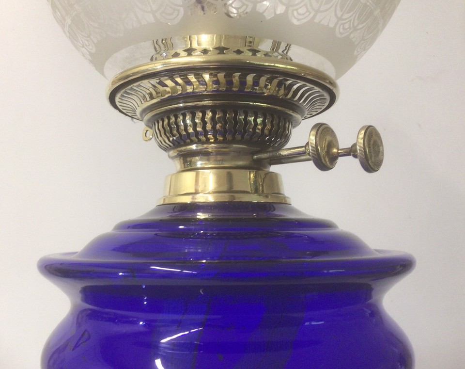 Antique Oil Lamp Duplex Cobalt Blue Glass Font Acid Etched Shade Brass ...