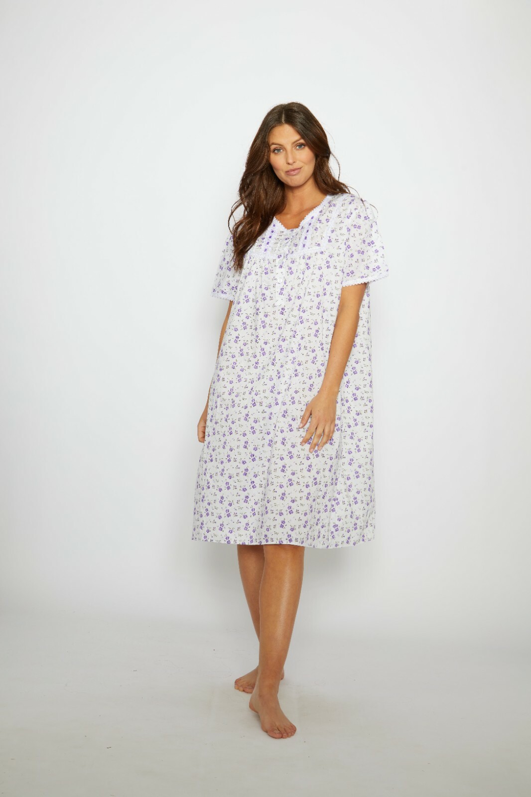 Ladies Nightwear Floral Print Cotton Blend Nightie Short Sleeve Long ...