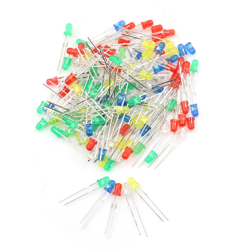 100Pcs/Set 3mm LED Light Emitting Diodes Red Green White Blue Yellow ...