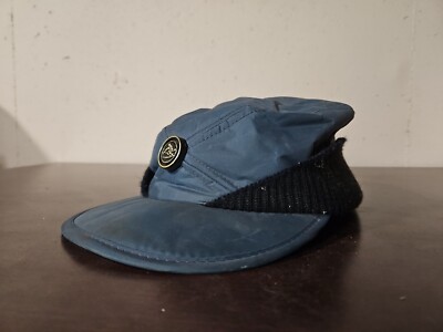 Vintage Large 7 3/8" Quilted Ski Hat Blue Neck Ear Flaps Brim Cap USA ...