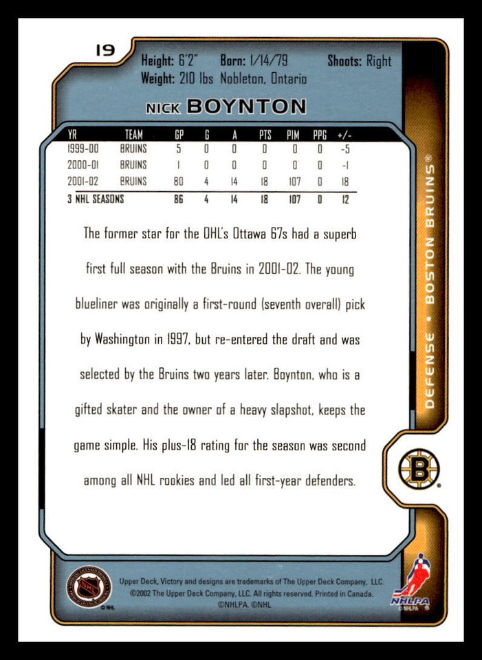 2002 Upper Deck Victory #19 Nick Boynton Boston Bruins | eBay