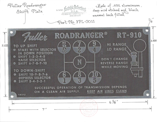 Fuller Roadranger RT-910 Shift Pattern data plate deep acid etched in ...