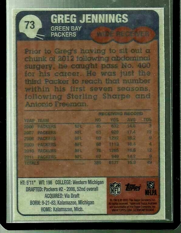 Green Bay Packers 2013 NFL Topps Archives #73 Greg Jennings Western ...
