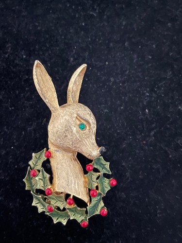 Vintage Deer Head Pin Brooch Enamel Rhinestone Green Eye Christmas ...