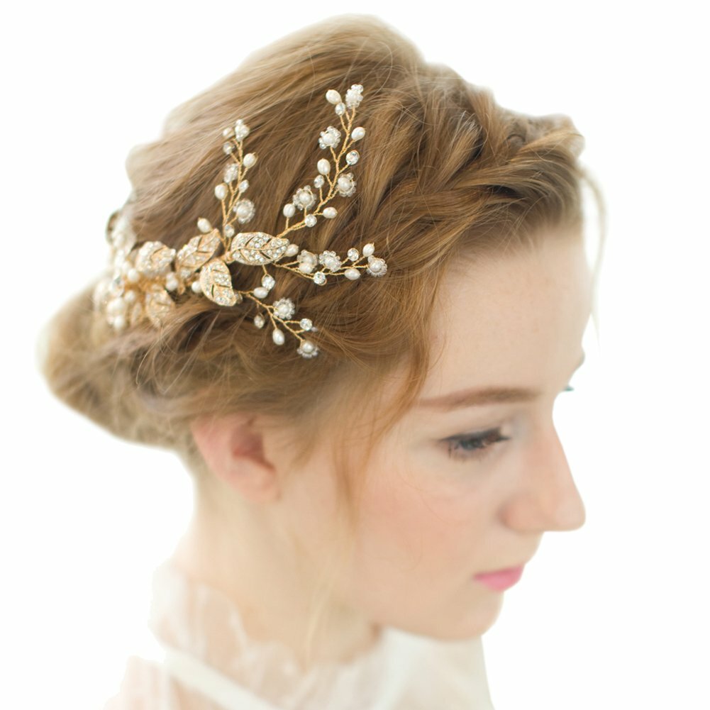 FAYBOX Vintage Gold Twig Crystal Pearl Side Combs Bridal Headpiece ...