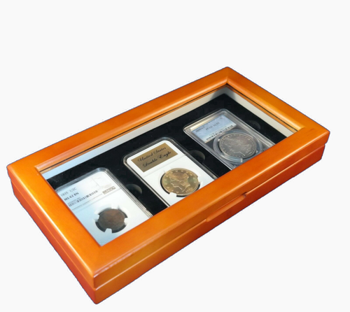 Wood Glass-top Display Box - 3 Three Certified PCGS NGC Premier Elite ...
