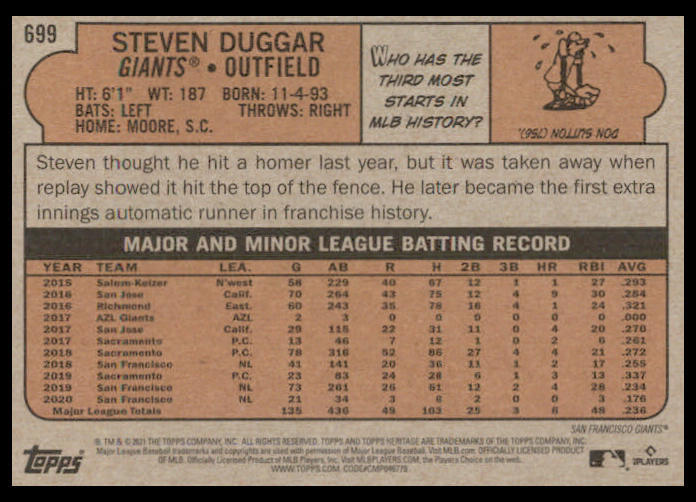 2021 Topps Heritage #699 Steven Duggar San Francisco Giants Baseball ...