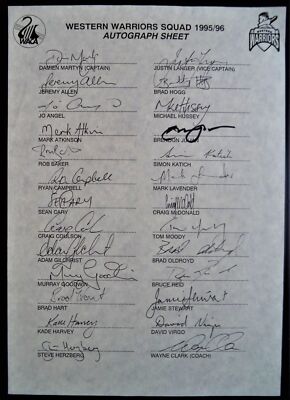 WESTERN WARRIORS 1995-96 SHEFFIELD SHIELD CRICKET AUTOGRAPH TEAM SHEET ...