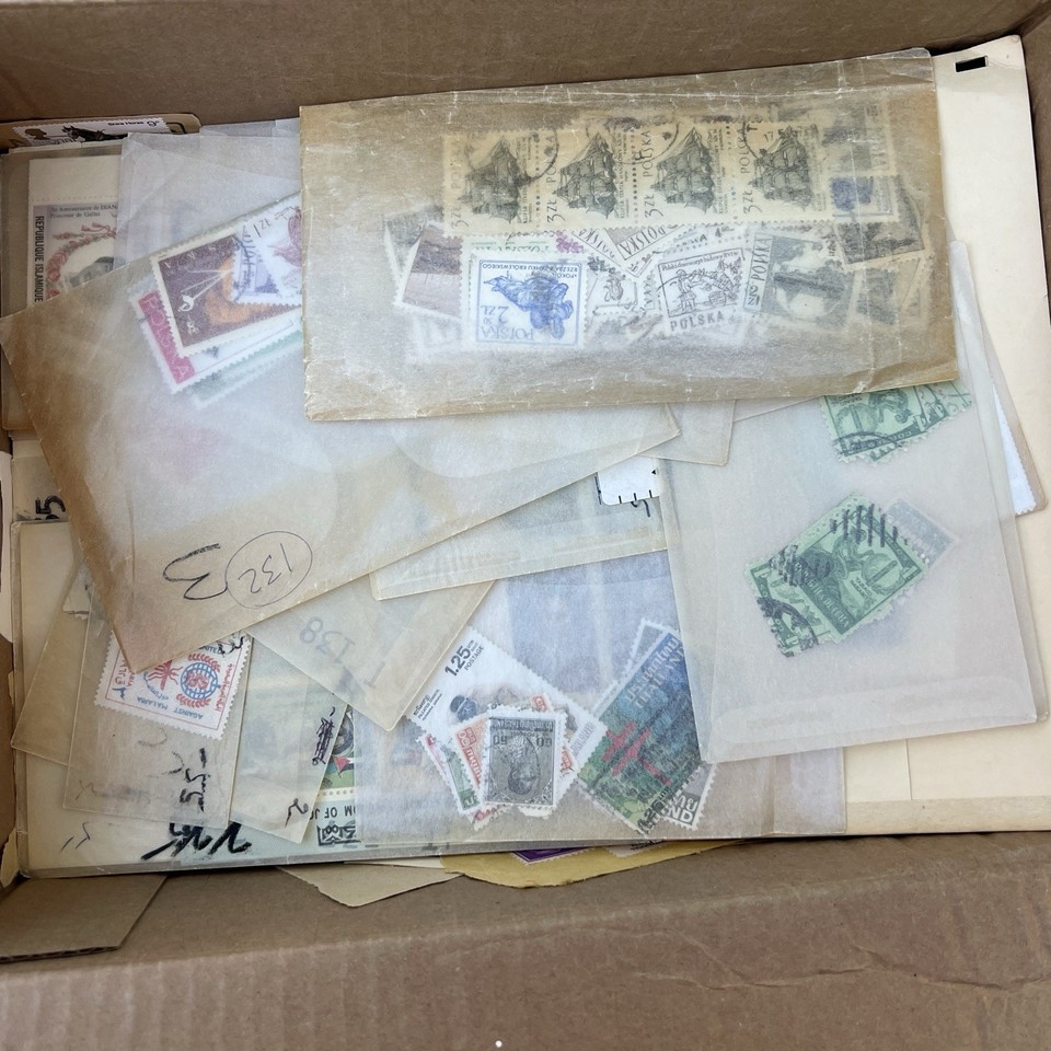 HUGE WW JUNK STAMP LOT BOX STAMPS GLASSINES COVERS ON/OFF PAPER, STOCK ...