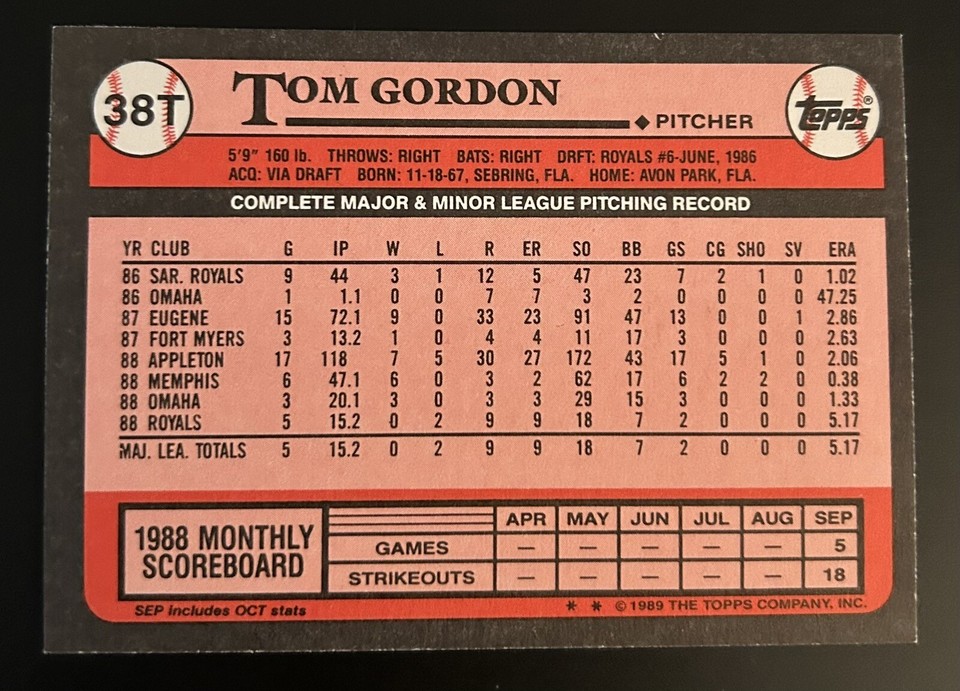 1989 Topps Traded #38T Tom Gordon Rookie Kansas City Royals | eBay