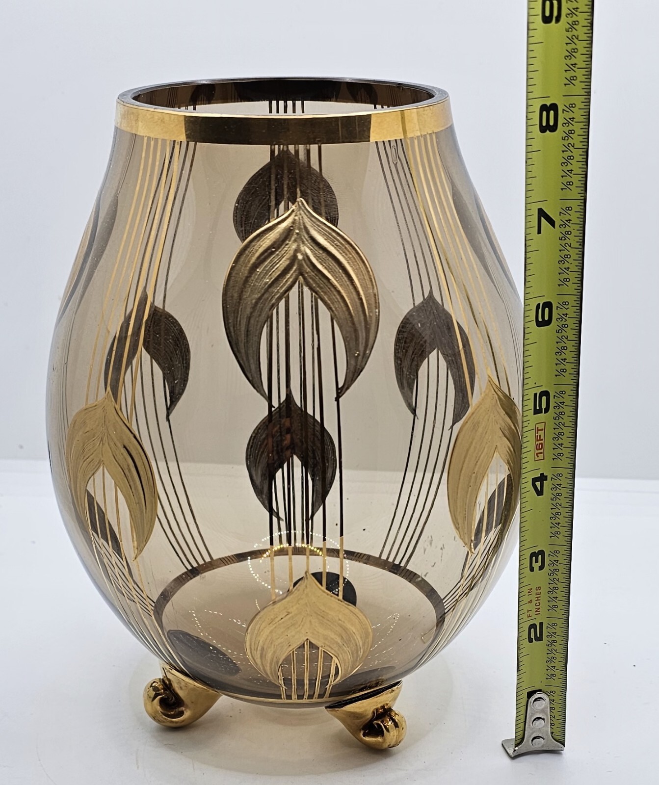 Bohemian Czech Murmac Smoke Glass Tawny Brown Gold Etched Footed Vase ...