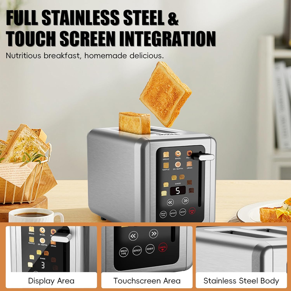 WHALL 2-Slice Touch Screen Toaster - Modern Stainless Steel, Wide Slots ...