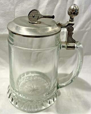 Enesco Glass Tankard Beer Stein Pewter Tennis Racket Lid Vintage W ...