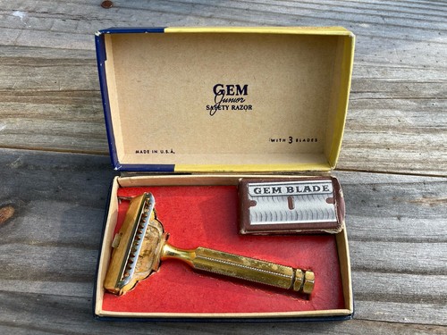 VINTAGE GEM JUNIOR SAFETY RAZOR GOLD PLATED In ORIGINAL BOX WITH BLADES ...