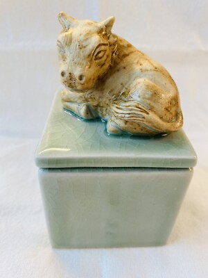 Trinket Box Cow on Lid Celadon Green Crazed Glaze 3”x5” Vintage Made In ...