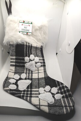 Holiday Pet Stocking - Paw Print Cat or Dog Black & Ivory Plaid - NEW ...