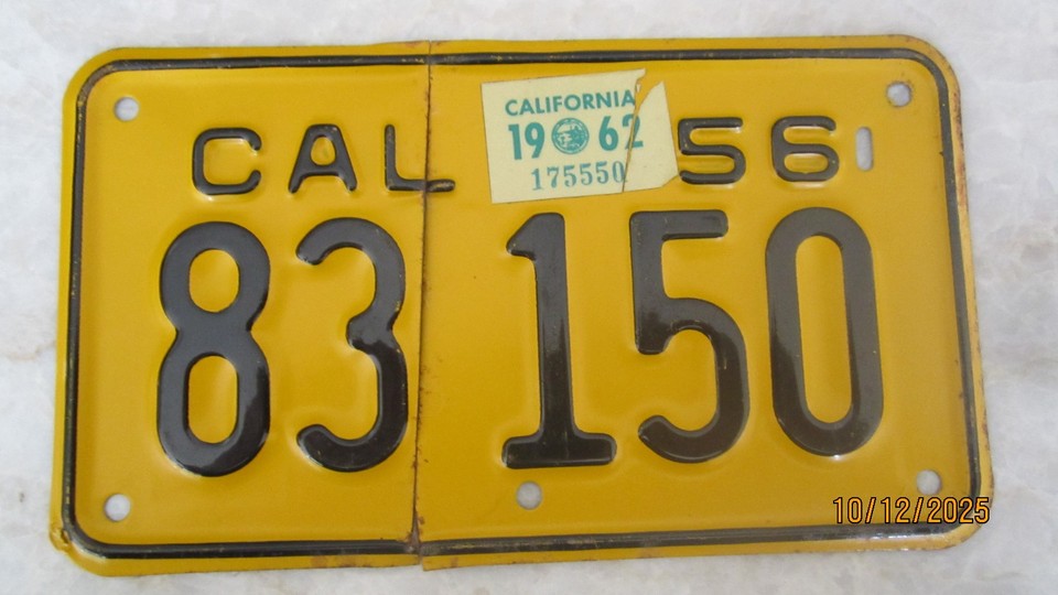 Vintage 1956 California Motorcycle License Plate 62 Sticker Cut | eBay