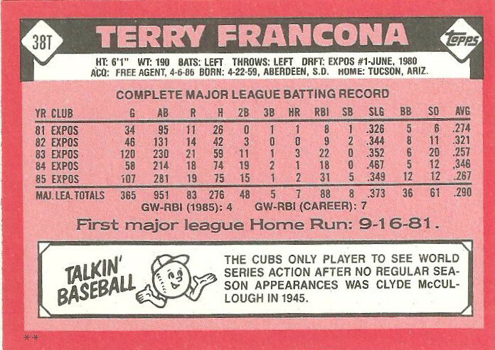 TERRY FRANCONA CHICAGO CUBS #38T - TOPPS TRADED NM-MT 1986 | eBay