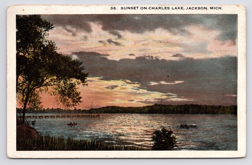 1920s~Charles Lake Sunset~Dock~Boats~Jackson Michigan MI~Antique ...