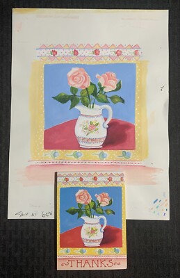 THANKS Pink Roses in Pitcher 9x12" Greeting Card Art #3047 with 8 Cards ...