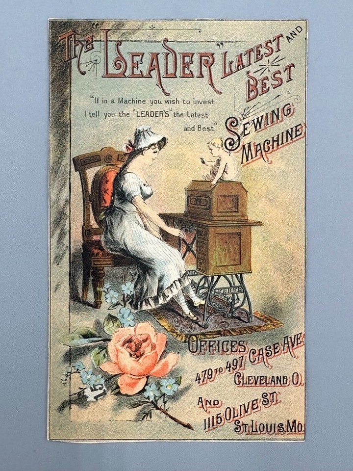 1880s Leader SEWING MACHINE Cherub FAIRY Victorian Advertise Trade Card ...