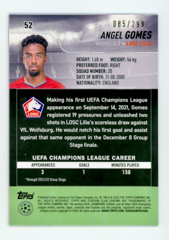2021-22 Angel Gomes Topps Stadium Club Chrome Black & White Lille ...