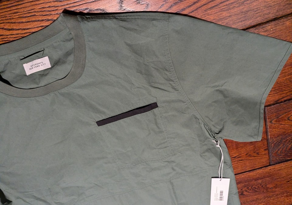Saturday's NYC Green Kenji Windbreaker Tee Cotton & Nylon Blend T-Shirt ...