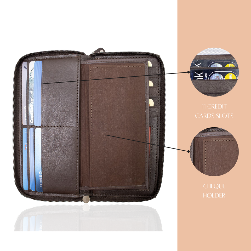 RFID Blocking Leather Checkbook Cover Zip Around Secretary Long Wallet ...