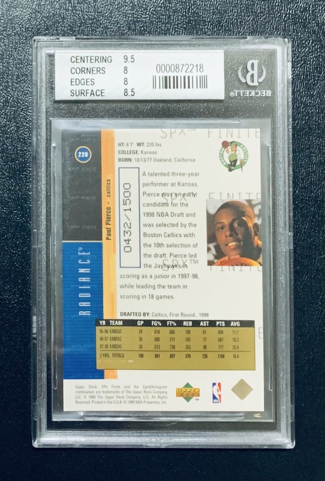 1998-99 UD SPx Finite Radiance PAUL PIERCE Rookie RC BGS 8 /1500 Boston ...