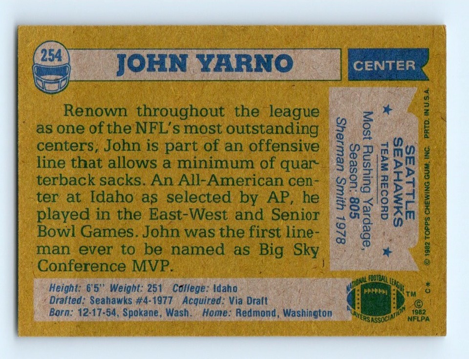 1982 Topps John Yarno Seattle Seahawks #254 | eBay