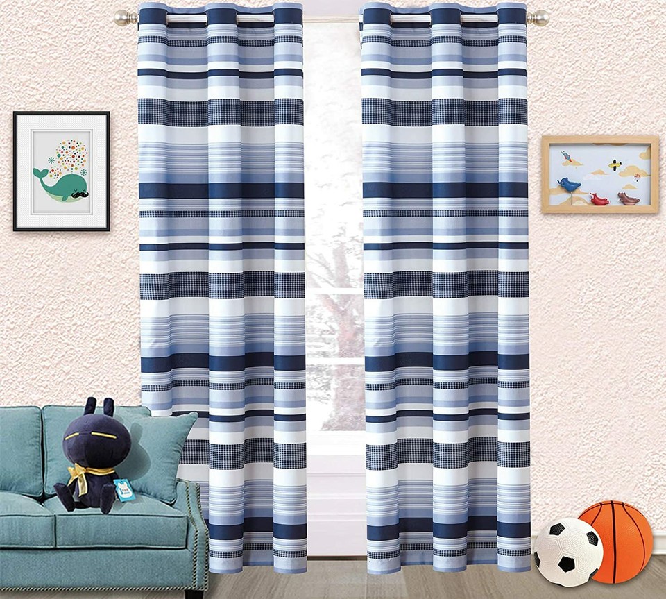 Set 2 Navy Blue White Striped Plaid Curtains Panels Drapes 84 inch L ...