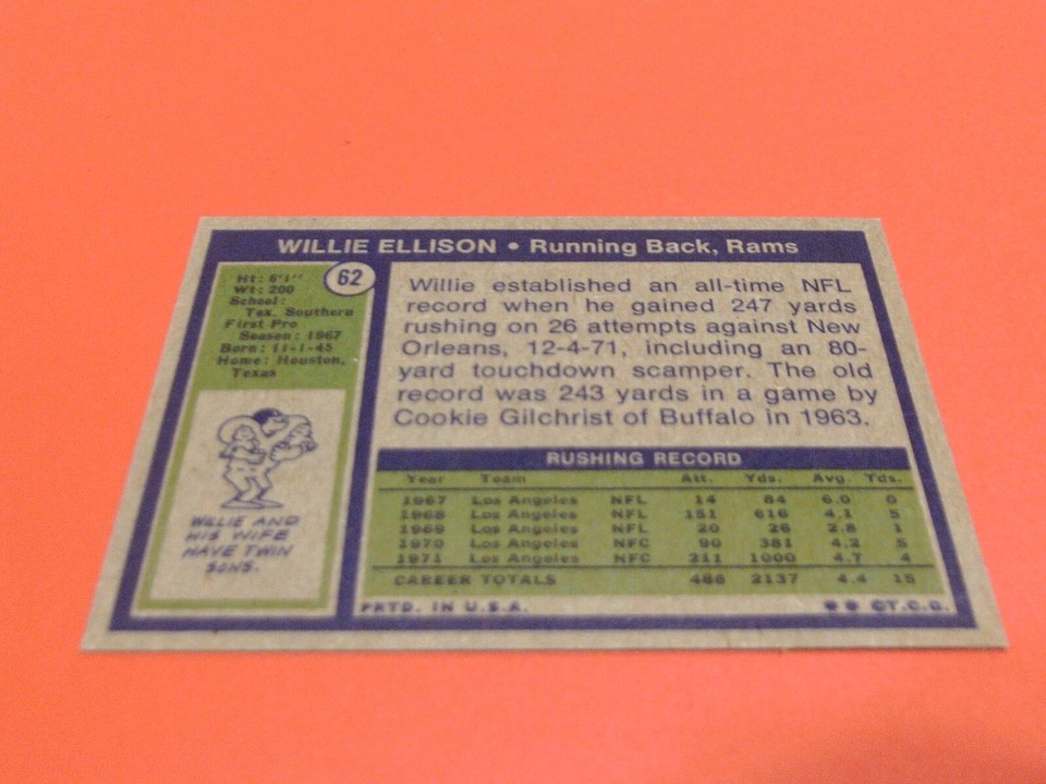 1972 TOPPS # 62 WILLIE ELLISON RAMS NEAR MINT / MINT OR BETTER !! | eBay